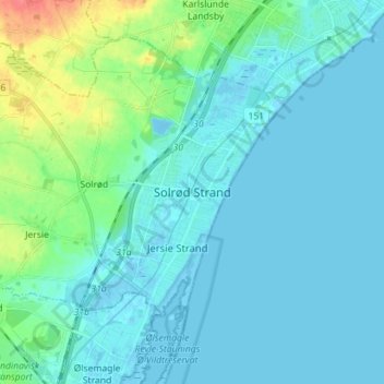 Solrød Strand topographic map, elevation, terrain