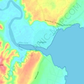 Pangani topographic map, elevation, terrain
