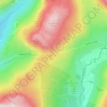 Hardknott Pass topographic map, elevation, terrain