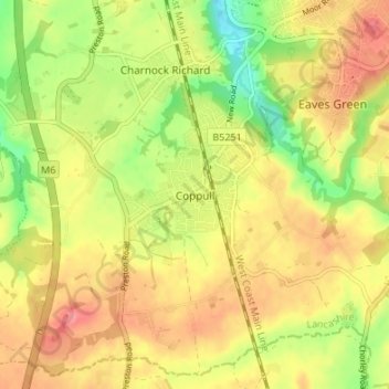 Coppull topographic map, elevation, terrain