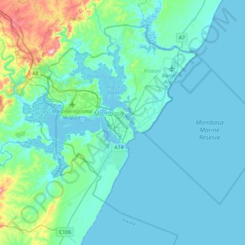 Mombasa topographic map, elevation, terrain