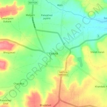 Chikhli topographic map, elevation, terrain