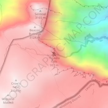 Tugela Falls topographic map, elevation, terrain
