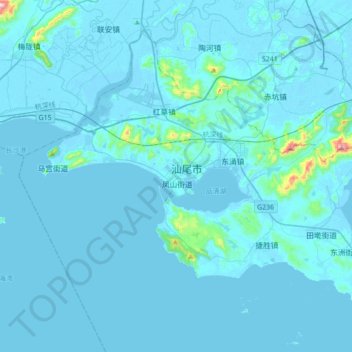District urbain de Shanwei topographic map, elevation, terrain
