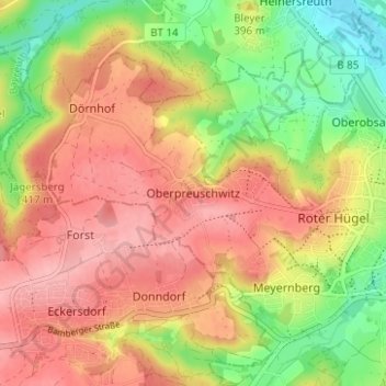 Oberpreuschwitz topographic map, elevation, terrain