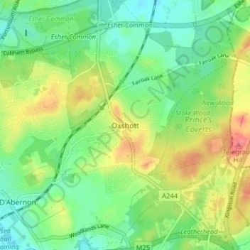 Oxshott topographic map, elevation, terrain