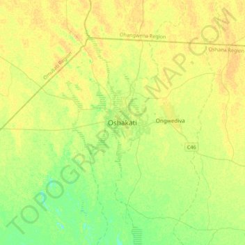 Oshakati topographic map, elevation, terrain
