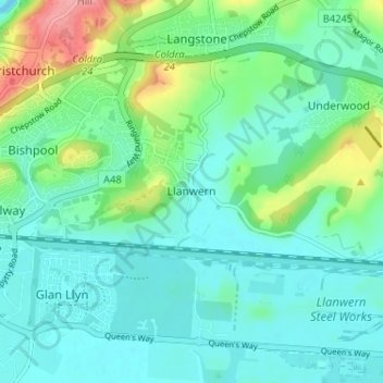 Llanwern topographic map, elevation, terrain
