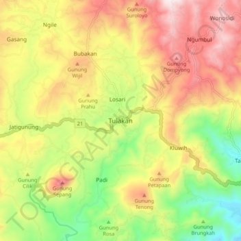 Tulakan topographic map, elevation, terrain