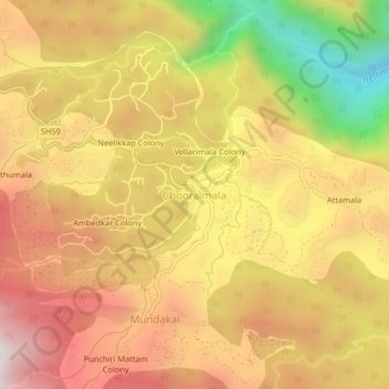 Chooralmala topographic map, elevation, terrain