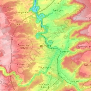 Rottweil (Kernstadt) topographic map, elevation, terrain