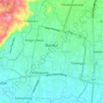 Bantul topographic map, elevation, terrain