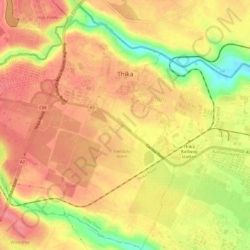 Thika topographic map, elevation, terrain