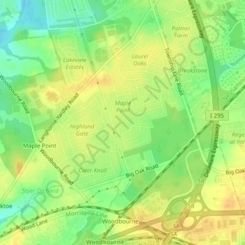 Woodbourne topographic map, elevation, terrain