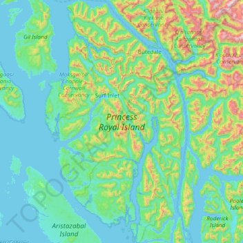 Princess Royal Island topographic map, elevation, terrain
