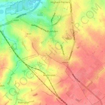 Rushden topographic map, elevation, terrain