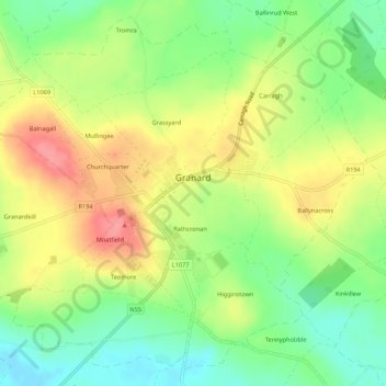 Granard topographic map, elevation, terrain