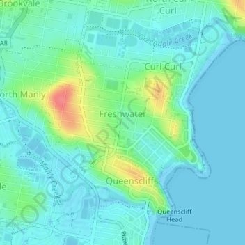 Freshwater topographic map, elevation, terrain