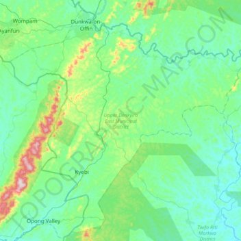Upper Denkyira East Municipal District topographic map, elevation, terrain