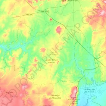 Unión de San Antonio topographic map, elevation, terrain