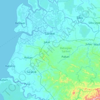 Sarikei Division topographic map, elevation, terrain
