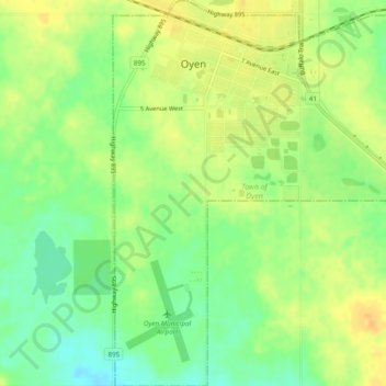Town of Oyen topographic map, elevation, terrain