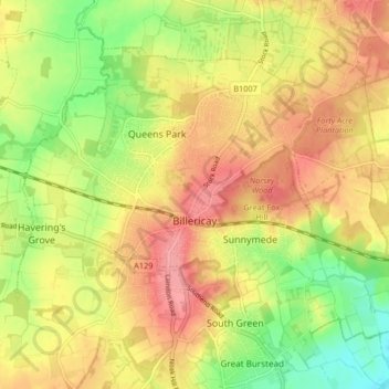 Billericay topographic map, elevation, terrain