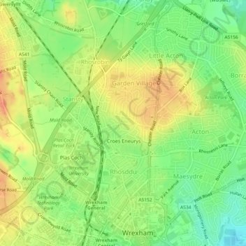 Rhosddu topographic map, elevation, terrain