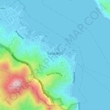 Sausalito topographic map, elevation, terrain