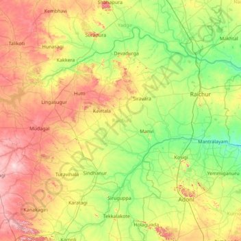 Raichur district topographic map, elevation, terrain