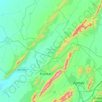 Pushkar Tehsil topographic map, elevation, terrain