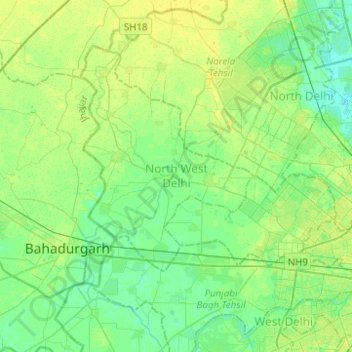 North West Delhi topographic map, elevation, terrain