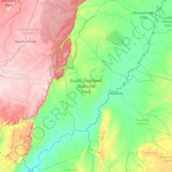 South Luangwa National Park topographic map, elevation, terrain