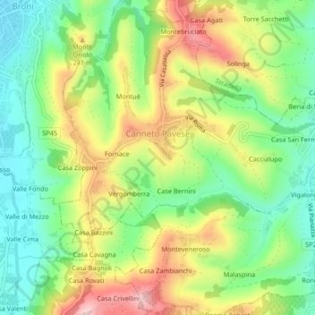 Canneto Pavese topographic map, elevation, terrain