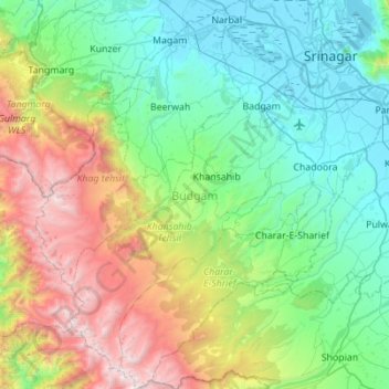 Budgam topographic map, elevation, terrain