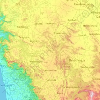 Shimoga District topographic map, elevation, terrain