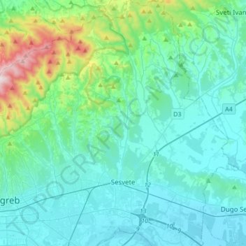Gradska četvrt Sesvete topographic map, elevation, terrain