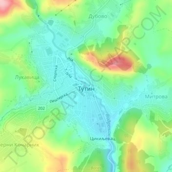 Tutin topographic map, elevation, terrain
