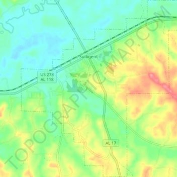 Sulligent topographic map, elevation, terrain