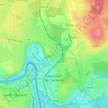 Oberndorf bei Salzburg topographic map, elevation, terrain