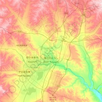Kangbashi District topographic map, elevation, terrain