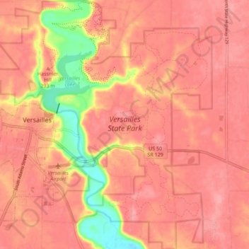 Versailles State Park topographic map, elevation, terrain