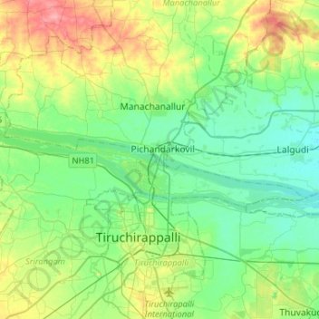 Kollidam River topographic map, elevation, terrain