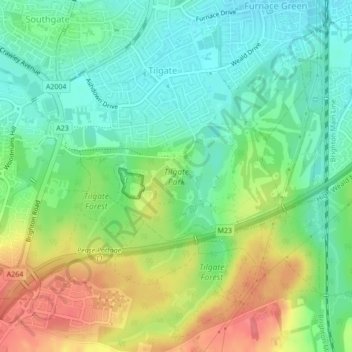 Tilgate Park topographic map, elevation, terrain