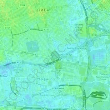 East Ham Nature Reserve topographic map, elevation, terrain