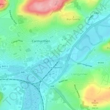 Carmarthen Castle topographic map, elevation, terrain