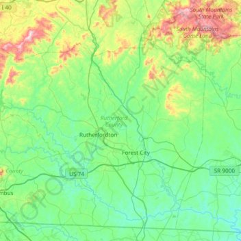 Rutherford County topographic map, elevation, relief