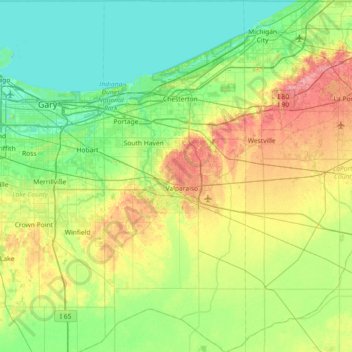 Porter County topographic map, elevation, relief