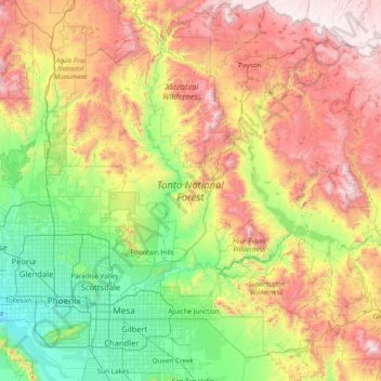 Tonto National Forest topographic map, elevation, relief