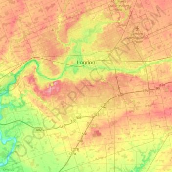 London topographic map, elevation, relief